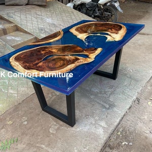 Deep Blue Solid Epoxy Table, Live Edge Wooden Table, Epoxy Ocean River ...