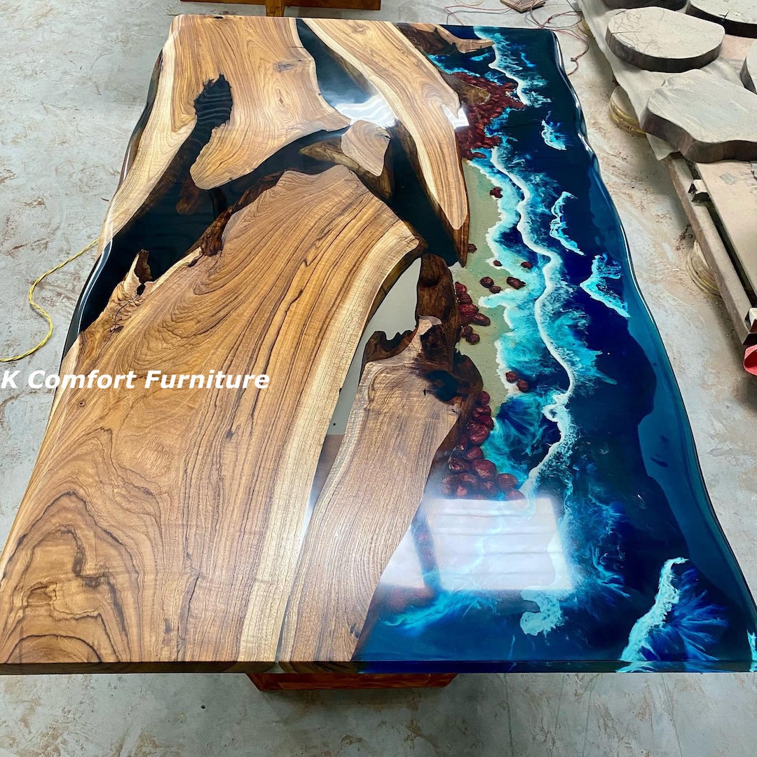 Ocean Epoxy Table, Live Edge Wooden Table, Epoxy Waves Table, Natural ...