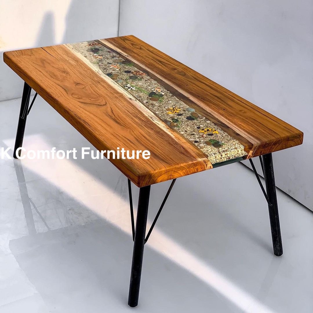 Stone Epoxy Table, Live Edge Wooden Table, Epoxy Ocean River , Natural ...