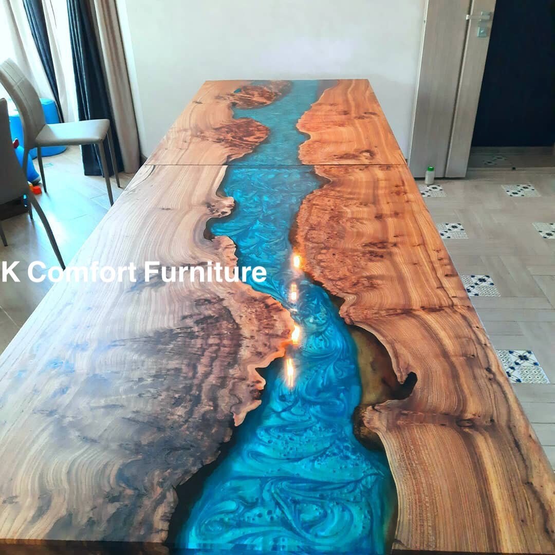 Blue Epoxy Table Topw , Live Edge Table , Epoxy Ocean River , Natural ...