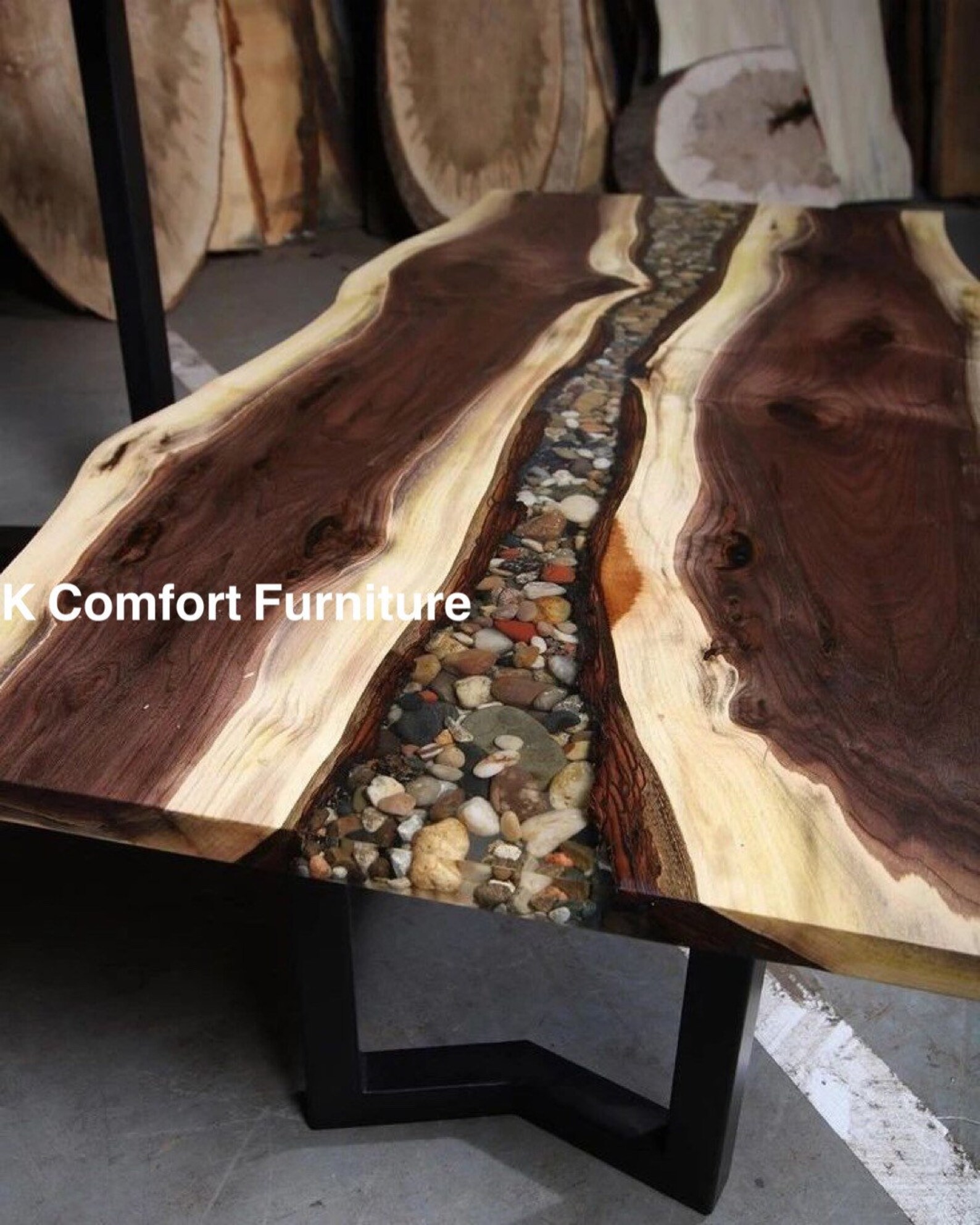 Live Edge Acacia Wood River Table, Epoxy Resin, Natural Stone Inlay - Etsy