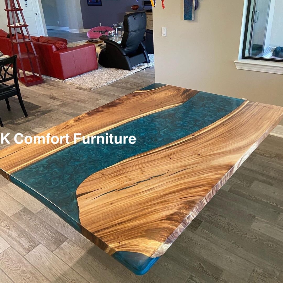 Teal Swirl Epoxy Table, Live Edge ,wooden Table, Epoxy Ocean River ...