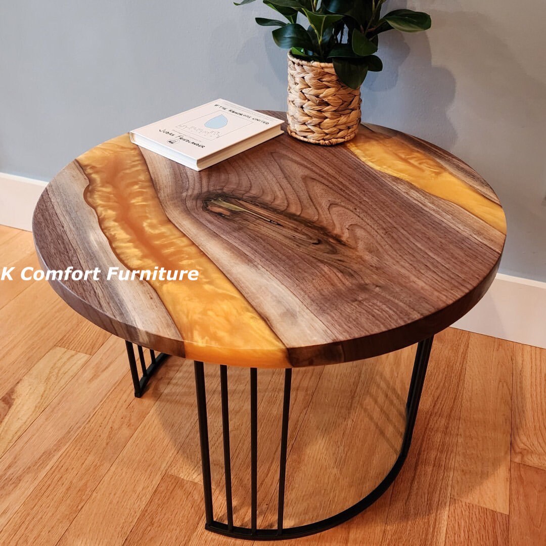Orange Round Epoxy Table / Live Edge Wooden Table/ Epoxy Ocean River ...