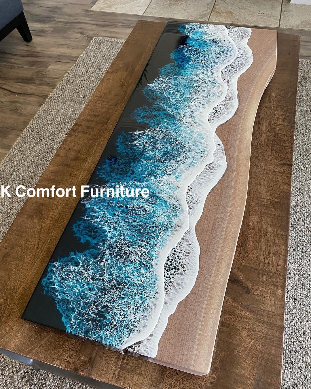 Sea Waves Epoxy Table, Live Edge Table, Epoxy Ocean Table, Natural Wood ...