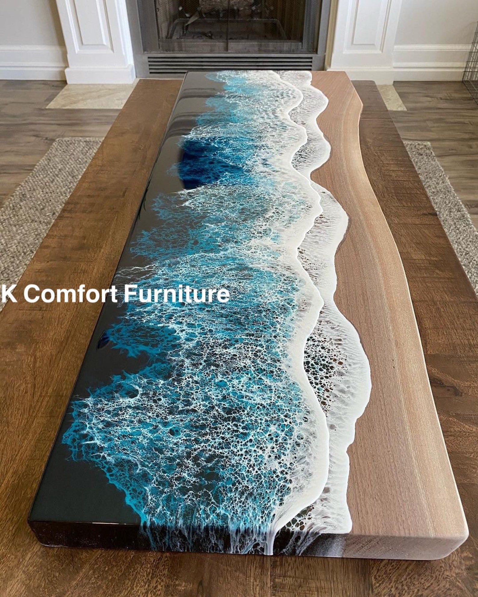 Sea Waves Epoxy Table, Live Edge Table, Epoxy Ocean Table, Natural Wood ...