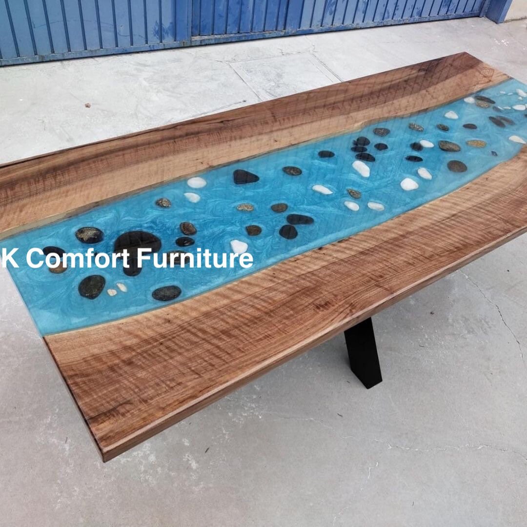 Blue Stone Epoxy Table, Live Edge Wooden Table, Epoxy Ocean River ...