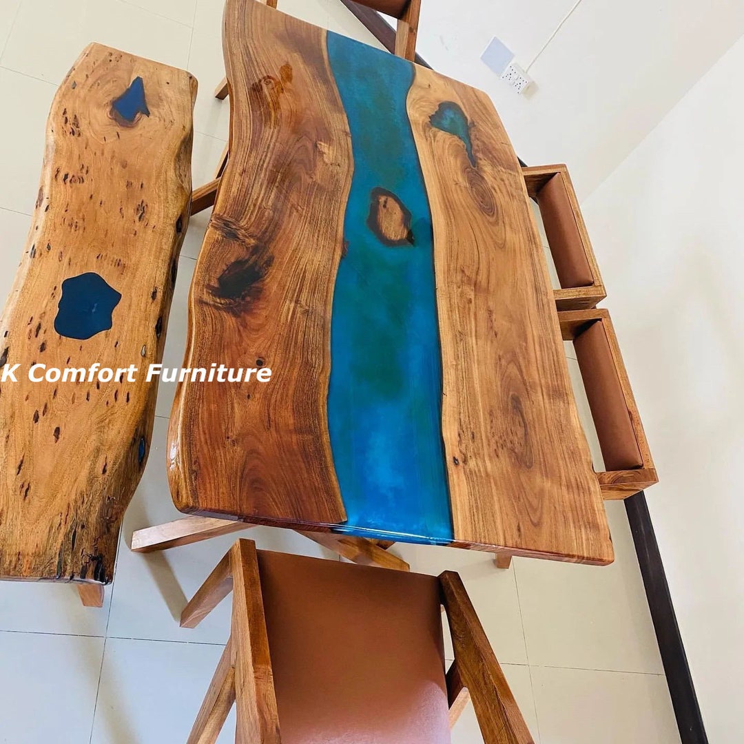 Blue Dining Epoxy Table/live Edge Wooden Table/ Natural Wood Dining ...