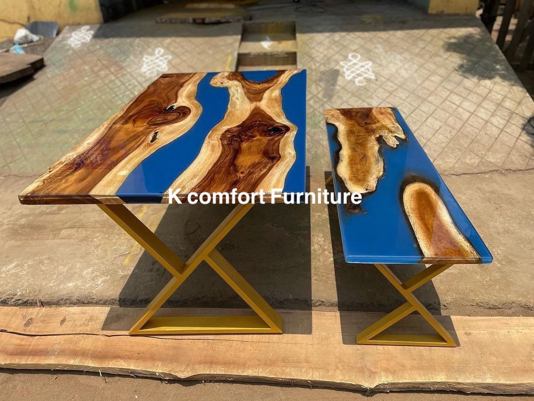 Solid Blue Epoxy Table Live Edge Table Epoxy Ocean River - Etsy