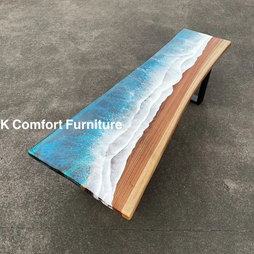 Ocean Waves Epoxy Table, Live Edge Table, Sea Ocean Table, Natural Wood ...