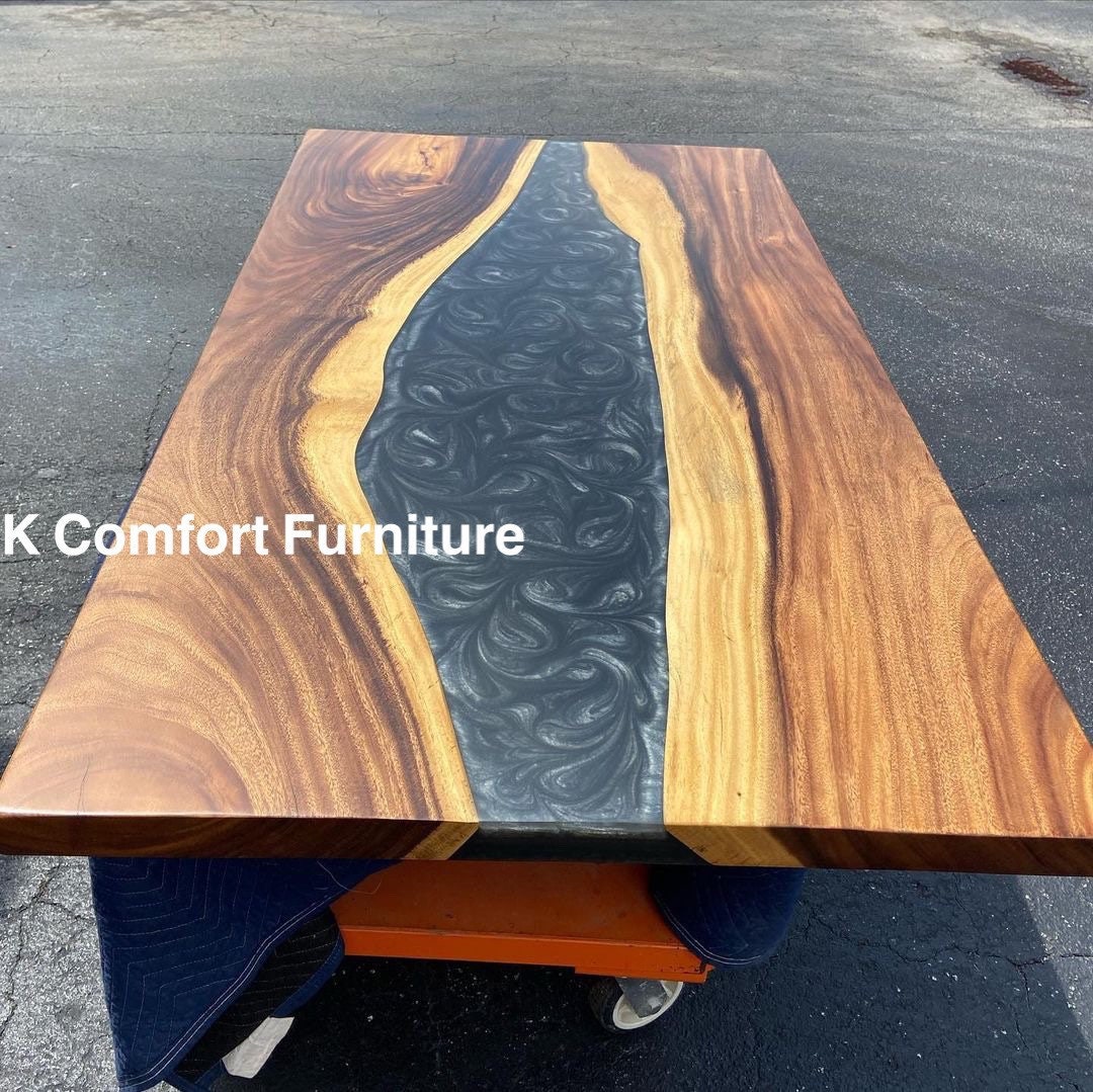 Black Swirl Epoxy Table, Live Edge Table , Ocean River Table, Natural ...