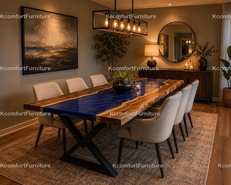 Live Edge Walnut Coffee Table, Blue Epoxy River Dining Surface, Custom ...