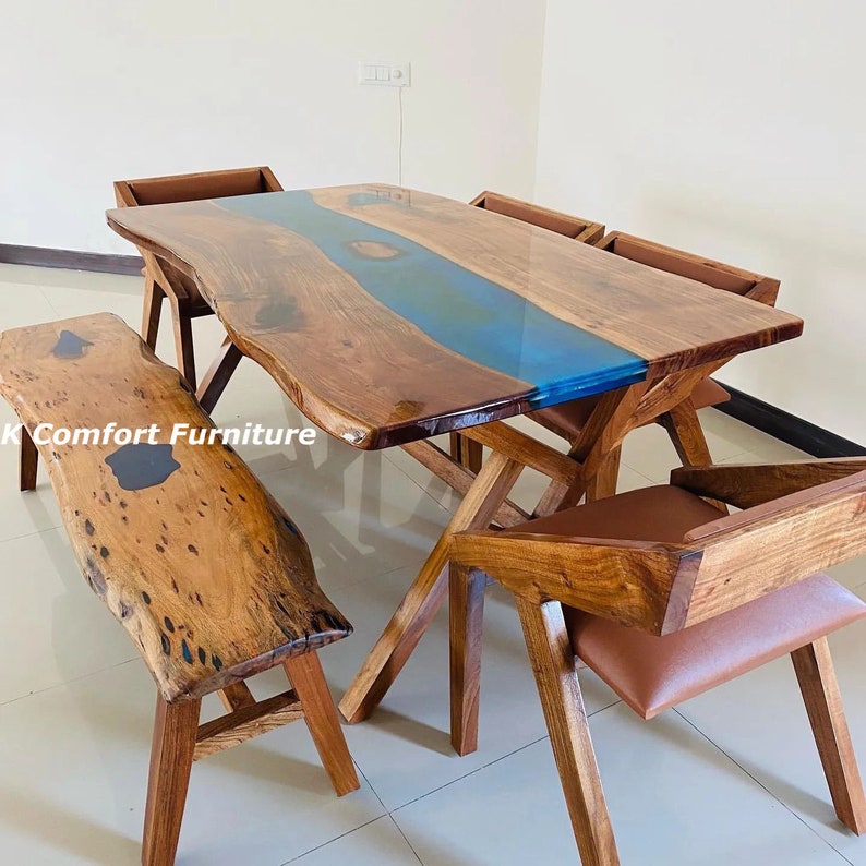 Blue Dining Epoxy Table/live Edge Wooden Table/ Natural Wood Dining ...