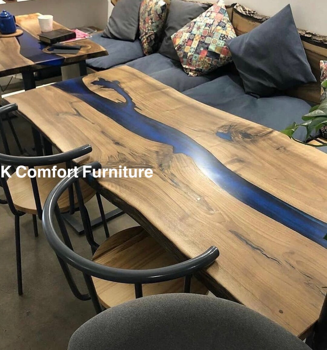 Blue Luxury Epoxy Table, Live Edge Wooden Table, Epoxy Ocean River ...