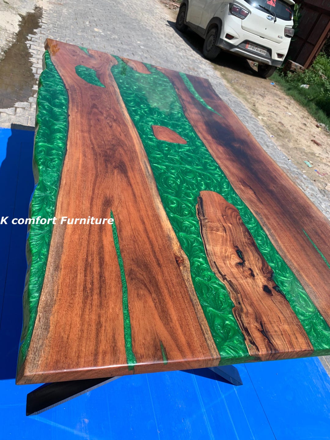 Green Epoxy Table / Live Edge Wooden Table / Epoxy Ocean River Table ...