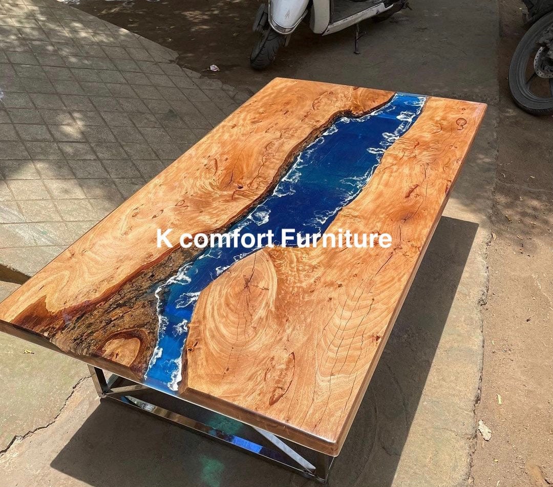 Blue Ocean River Table, Live Edge Wooden Table , Epoxy Ocean River ...