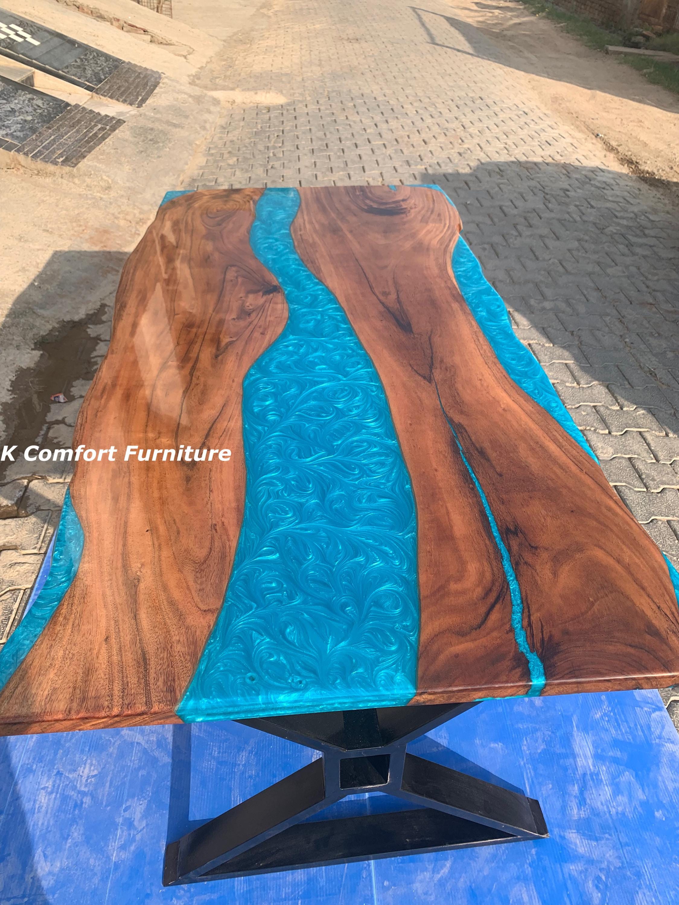 Turquoise Epoxy Table/ Live Edge Wooden Table/ Epoxy Ocean River Table ...