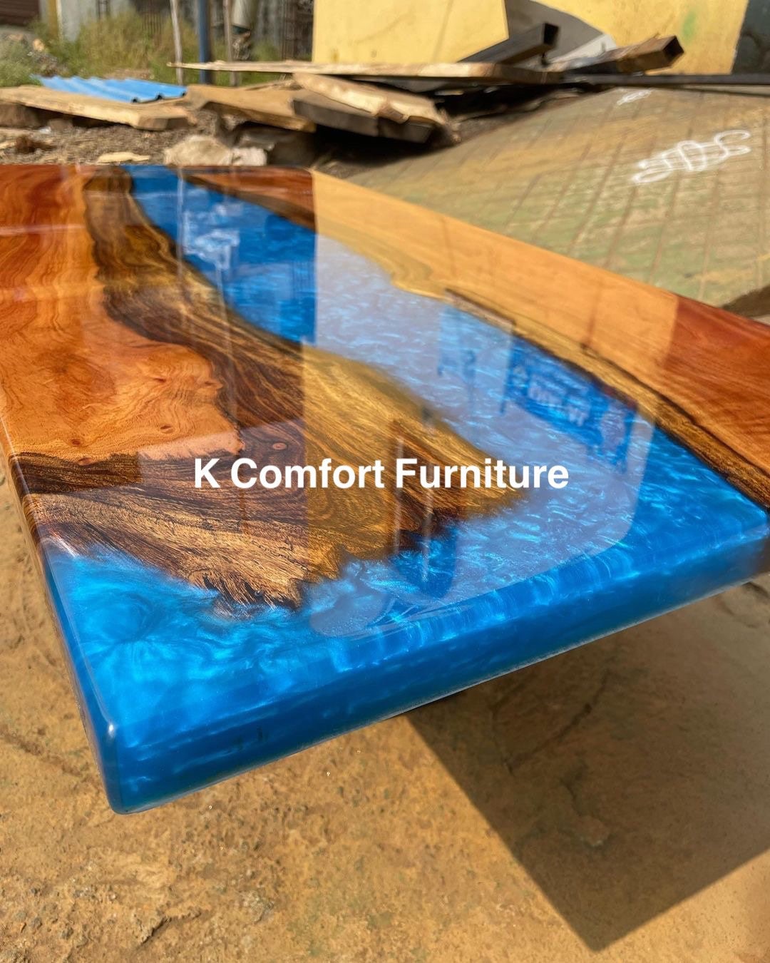 Solid Blue Epoxy Table, Live Edge Wooden Table , Epoxy Ocean River ...