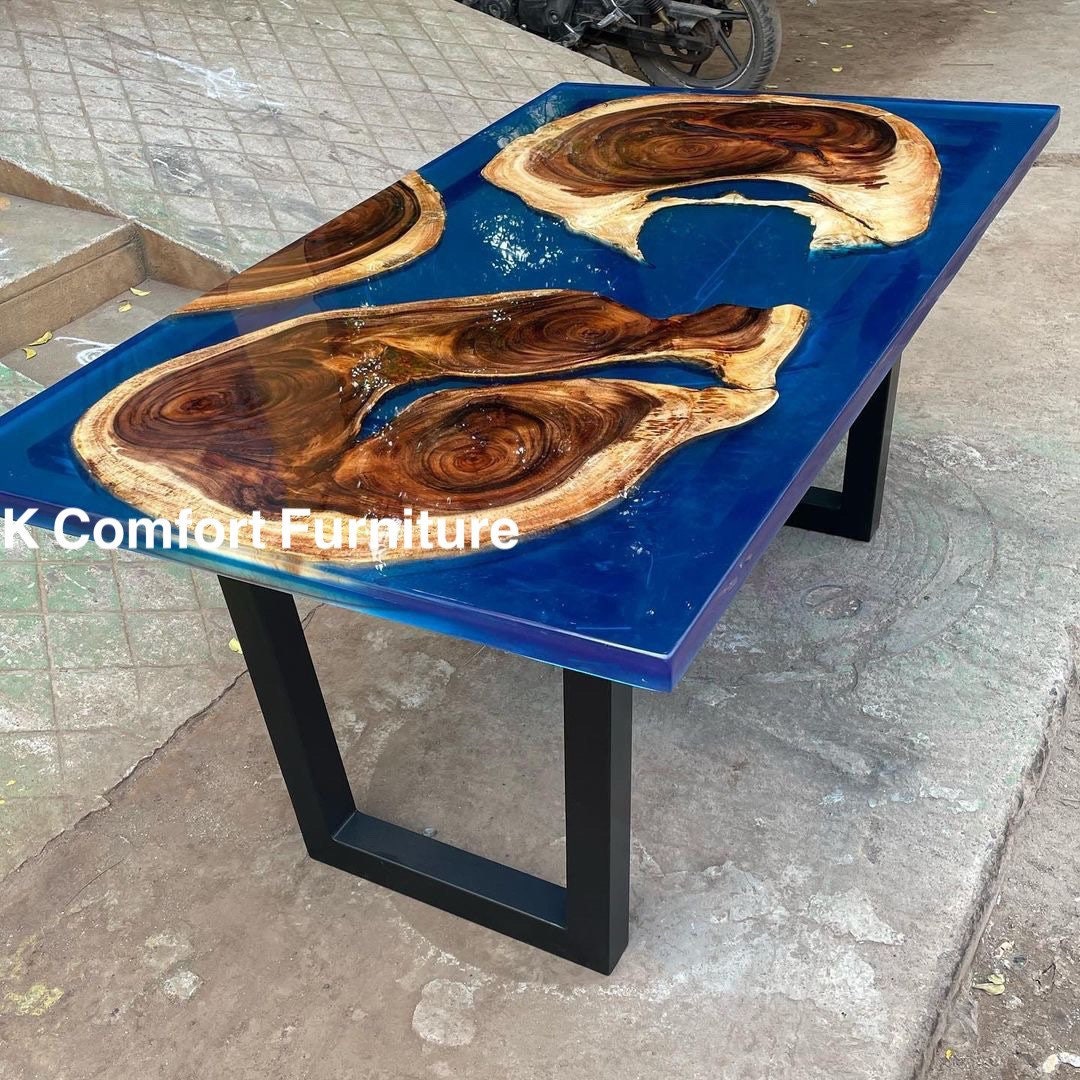 Deep Blue Solid Epoxy Table, Live Edge Wooden Table, Epoxy Ocean River ...
