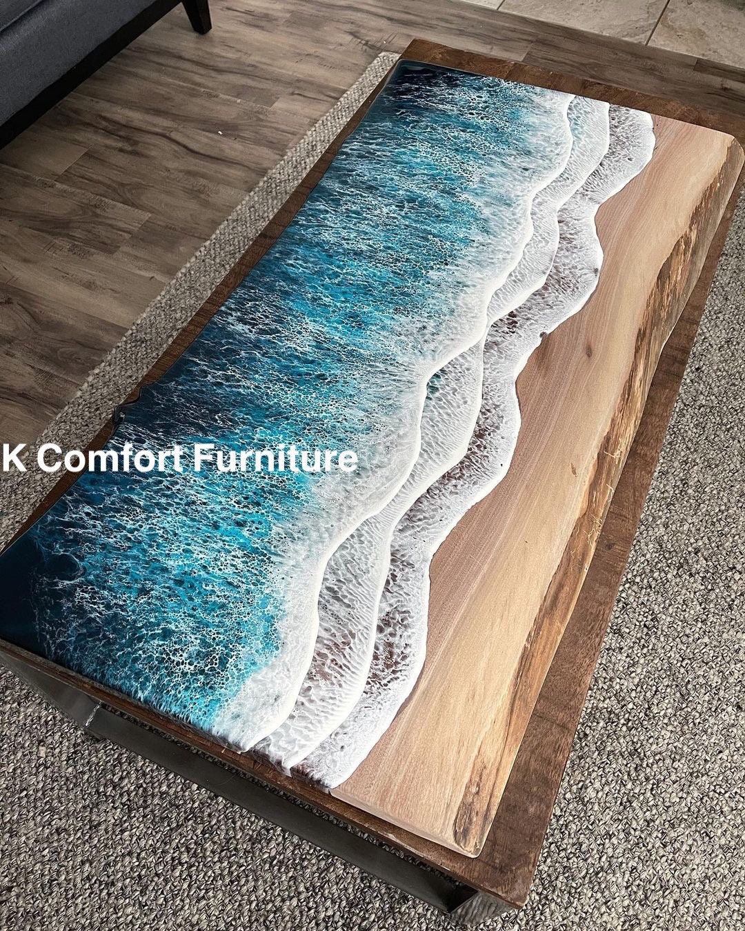 Sea Waves Epoxy Table, Live Edge Table, Epoxy Ocean Table, Natural Wood ...