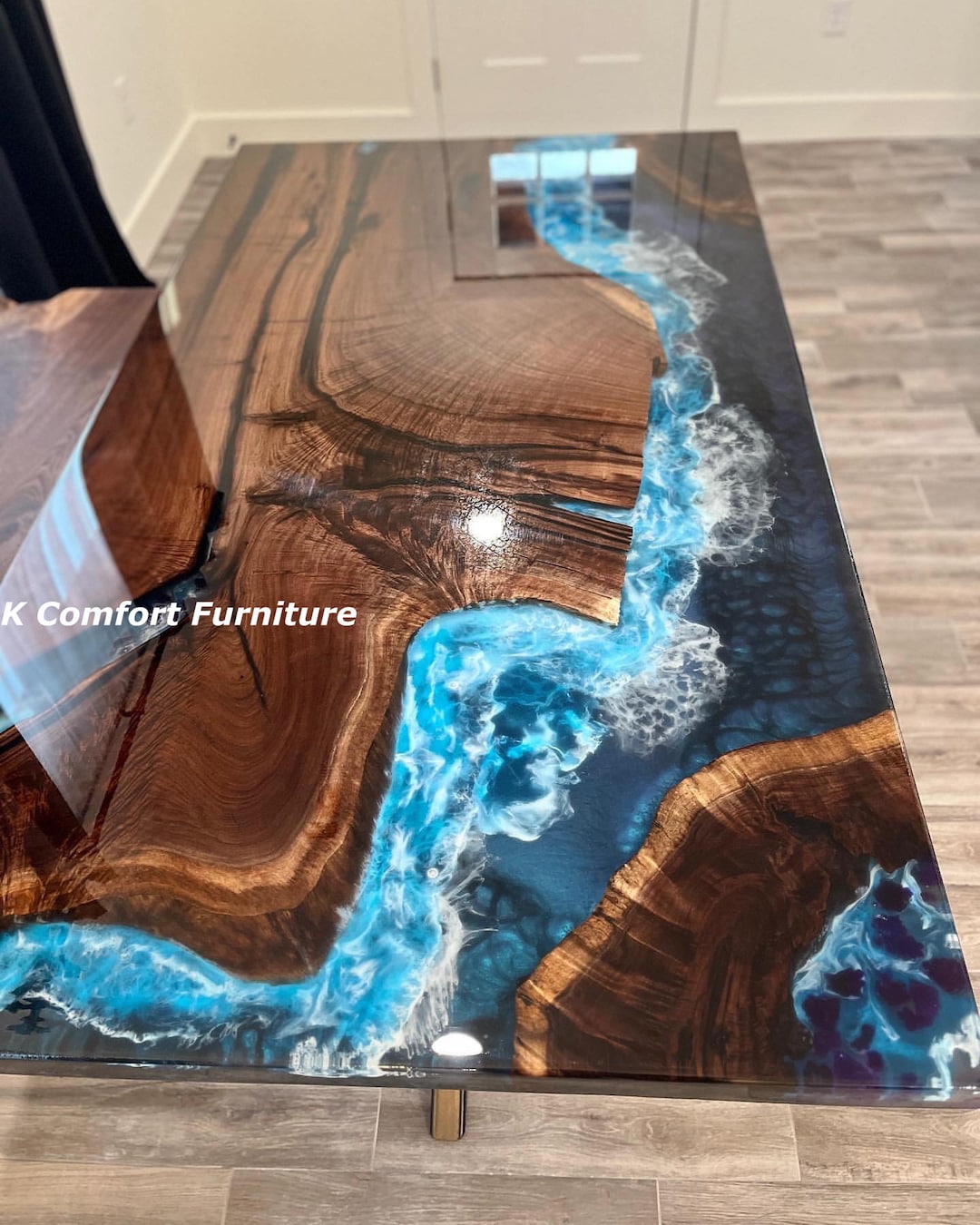 Blue Ocean Epoxy Table/ Live Edge Wooden Table/ Epoxy Sea Waves Table ...