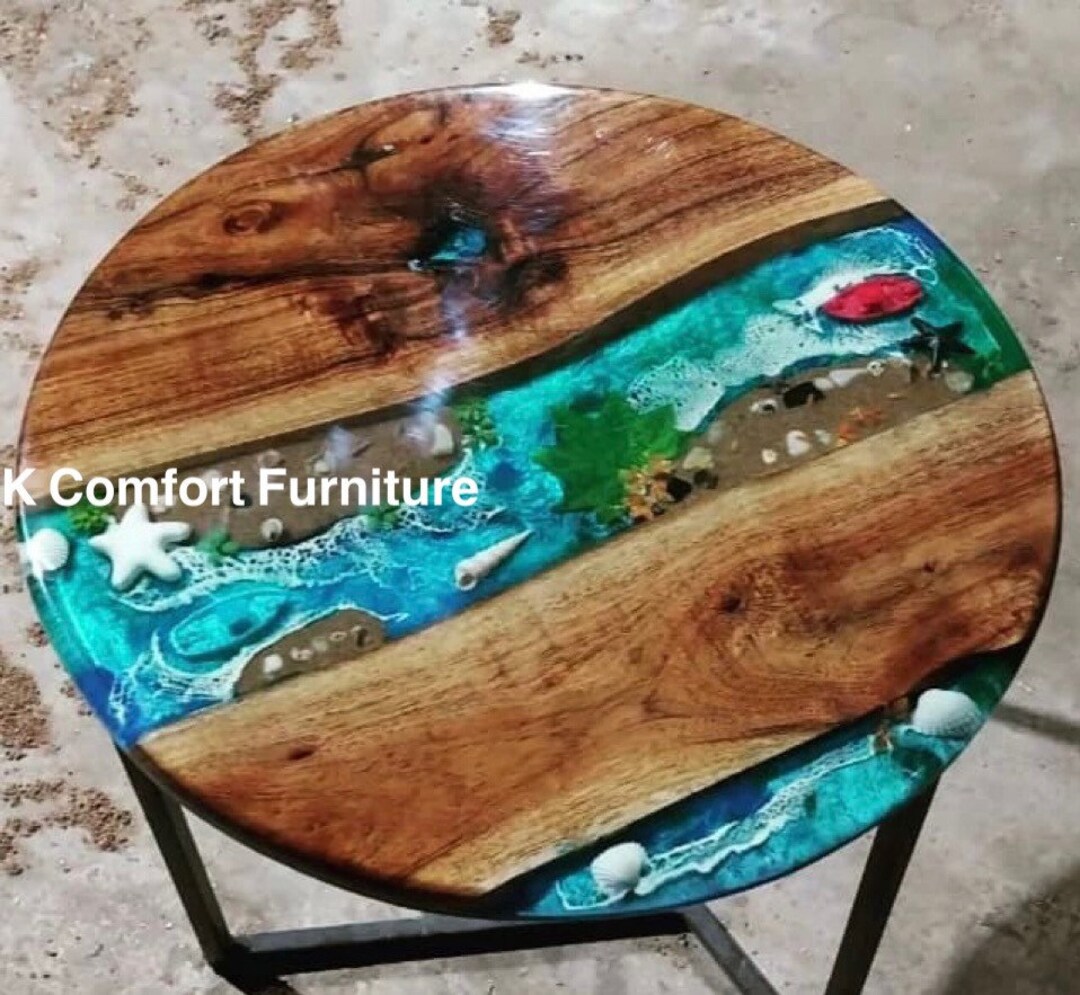 Stone Round Epoxy Table , Live Edge Wooden Table, Epoxy Ocean River ...