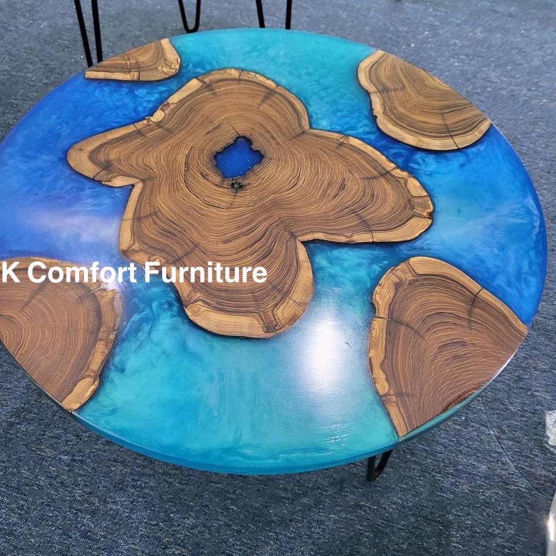 Multi Blue Round Epoxy Table , Live Edge Wooden Table, Epoxy Ocean ...
