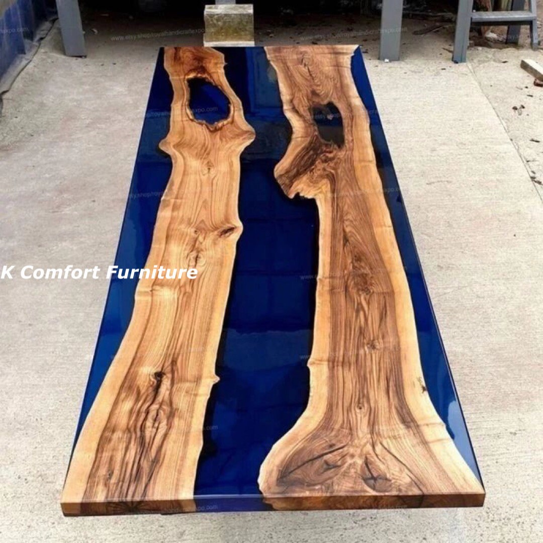 Blue Solid Epoxy Table/ Live Edge Wooden Table/ Epoxy Ocean River ...