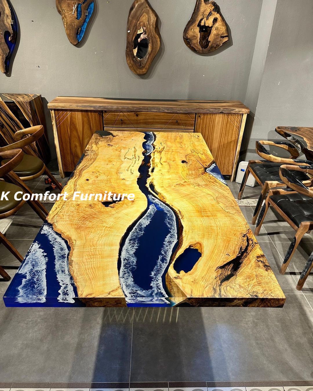 Blue Epoxy Wooden Table, Live Edge Wooden Table, Epoxy Ocean River ...