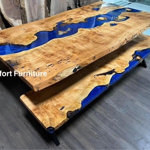 Deep Blue Epoxy Table, Live Edge Table , Epoxy Ocean River , Natural ...