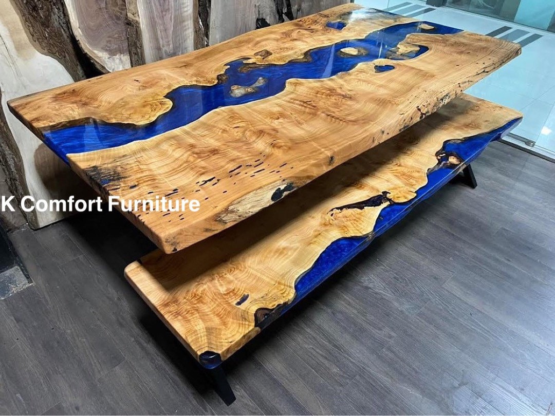 Deep Blue Epoxy Table, Live Edge Table , Epoxy Ocean River , Natural ...