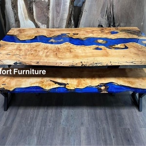 Deep Blue Epoxy Table, Live Edge Table , Epoxy Ocean River , Natural ...