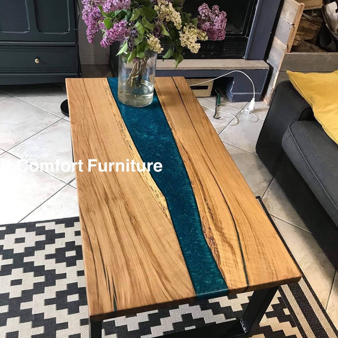 Teal Epoxy Table, Live Edge Table , Epoxy Ocean River , Natural Wood ...