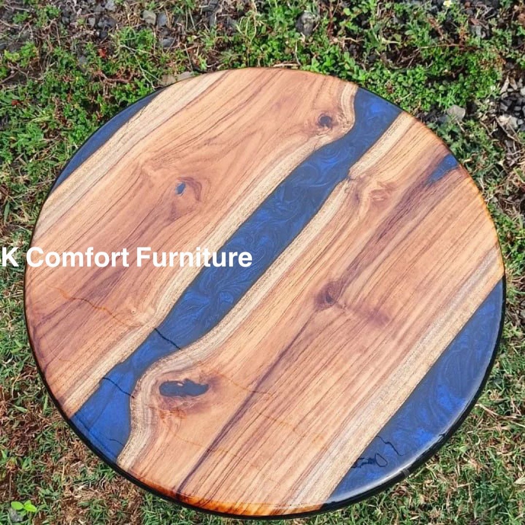 Navy Blue Round Epoxy Table , Live Edge Wooden Table, Epoxy Ocean River ...
