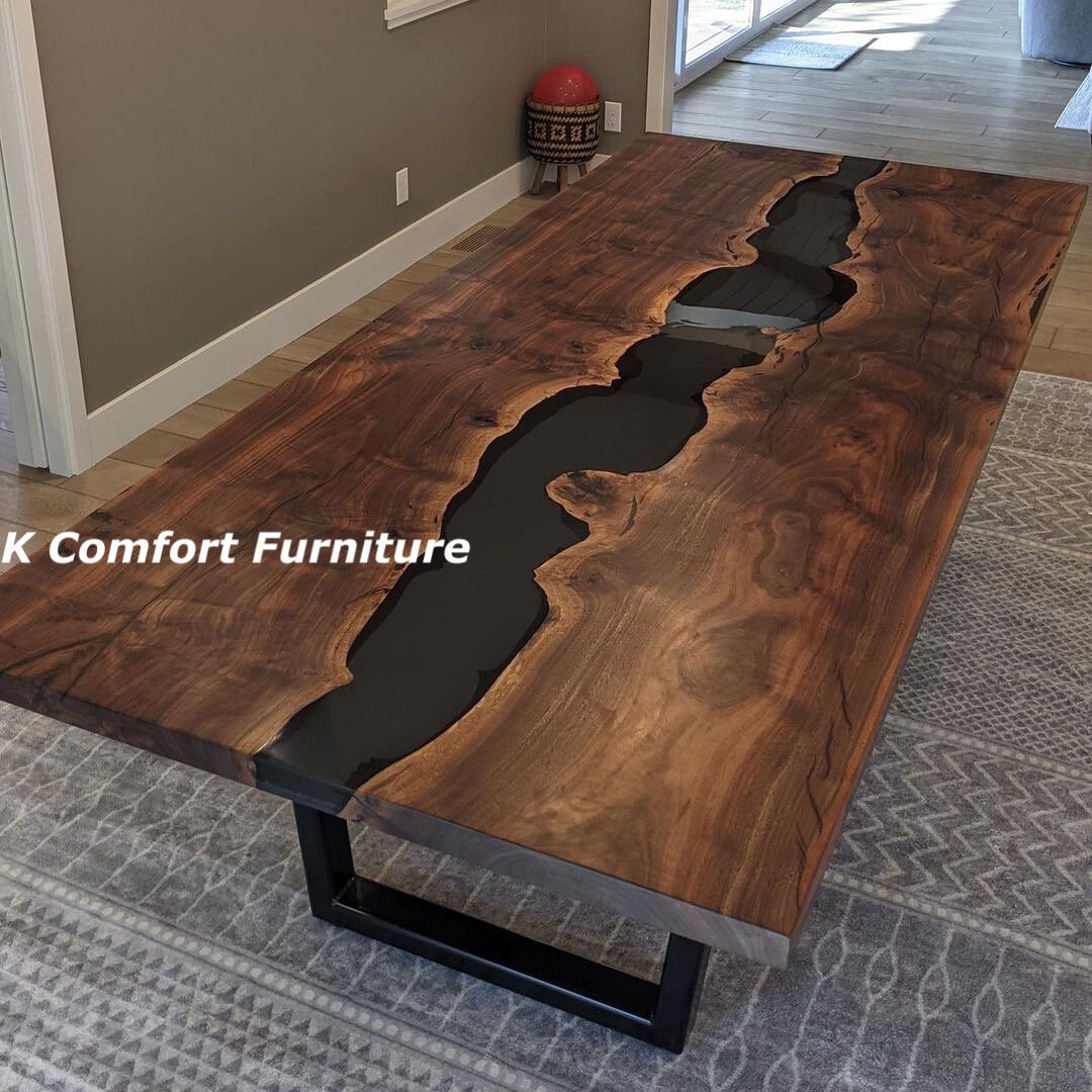 Black Crystal Clear Epoxy Table, Live Edge Wooden Table, Epoxy Ocean ...