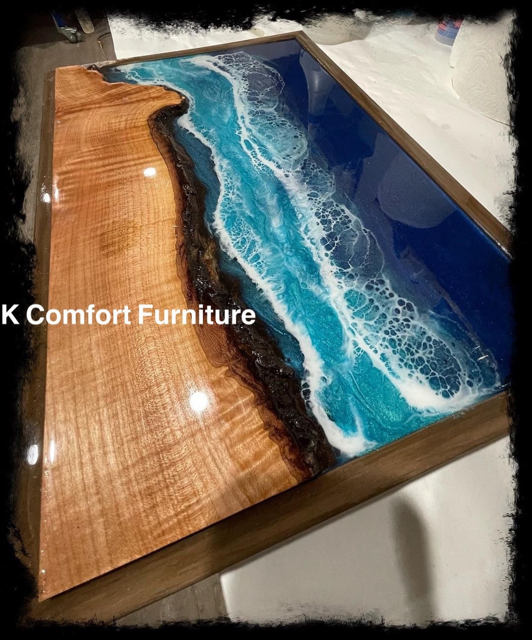 Sea Waves Epoxy Table, Live Edge Table, Epoxy Ocean Table, Natural Wood ...