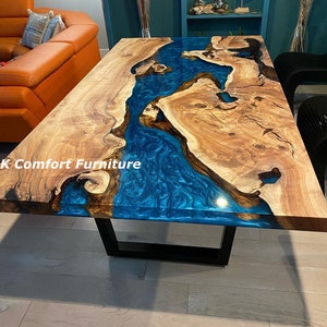 Blue Epoxy Table, Live Edge Wooden Table, Epoxy Ocean River Table ...