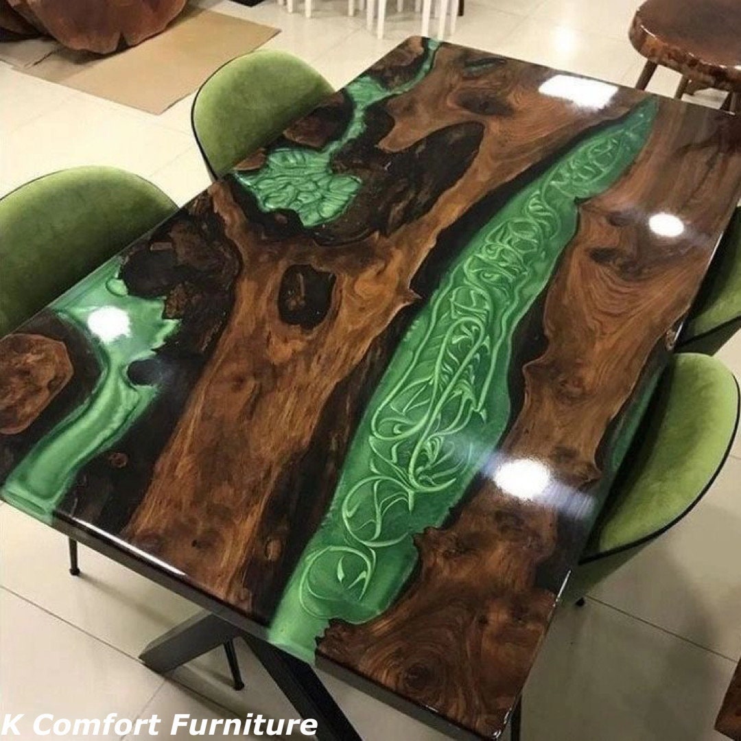 Green Epoxy Table / Live Edge Table/ Epoxy Ocean River Table / Natural ...