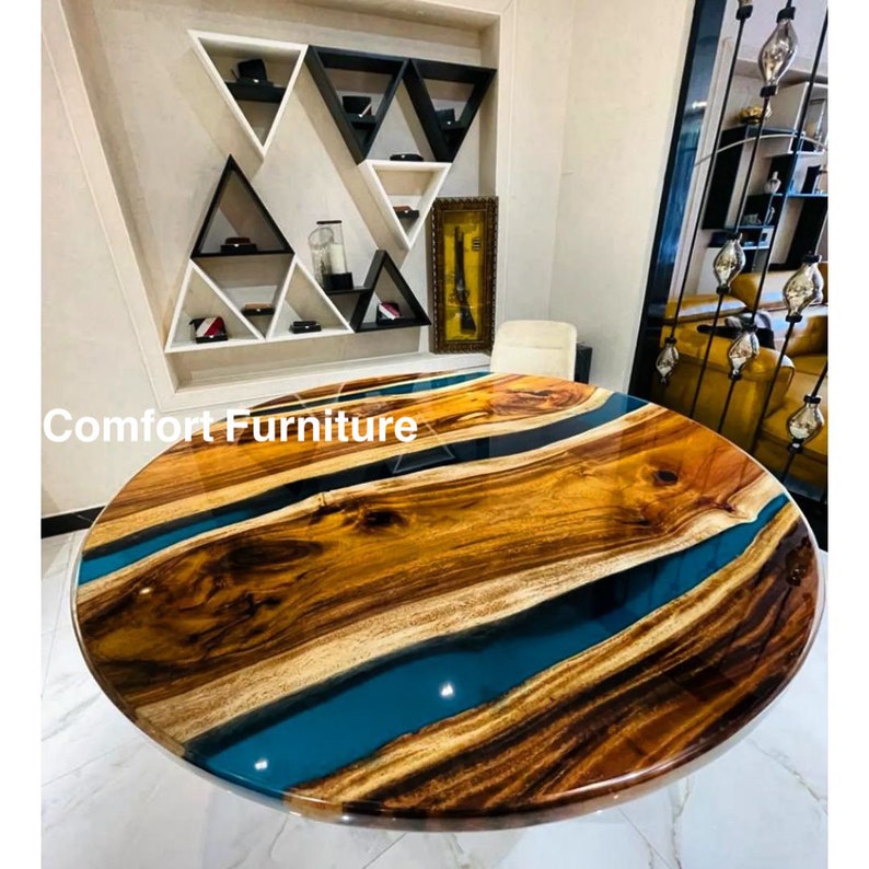 Blue Luxury Round Epoxy River Table/ Live Edge Wooden Table/ Epoxy ...