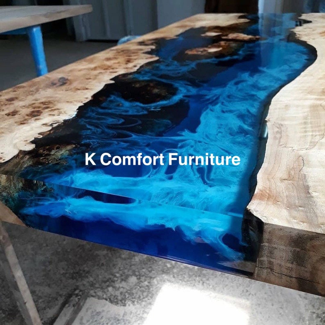 Blue Cloud Epoxy Table, Live Edge Table, Epoxy Ocean Table , Natural ...