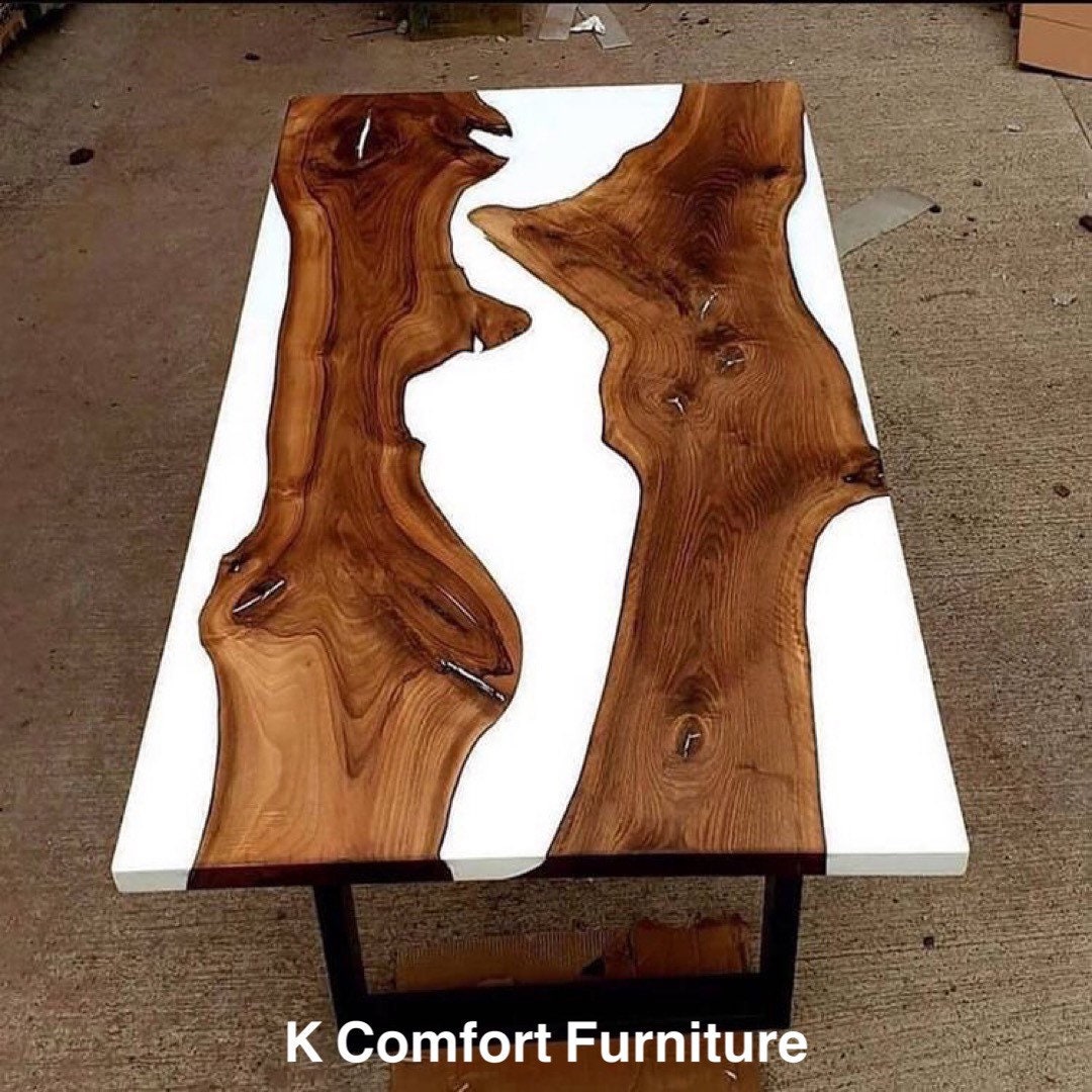 White Epoxy Dining Table, Live Edge Wood Table, Epoxy River , Natural ...