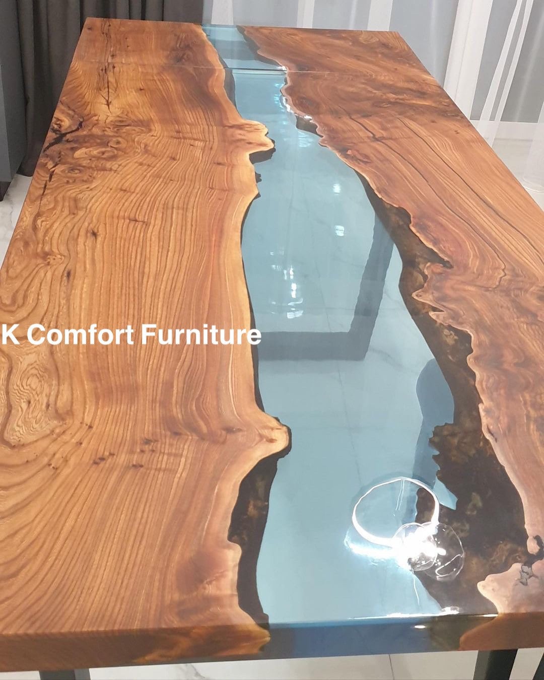 Blue Crystal Clear Epoxy Table, Live Edge Wooden Table, Epoxy Ocean ...