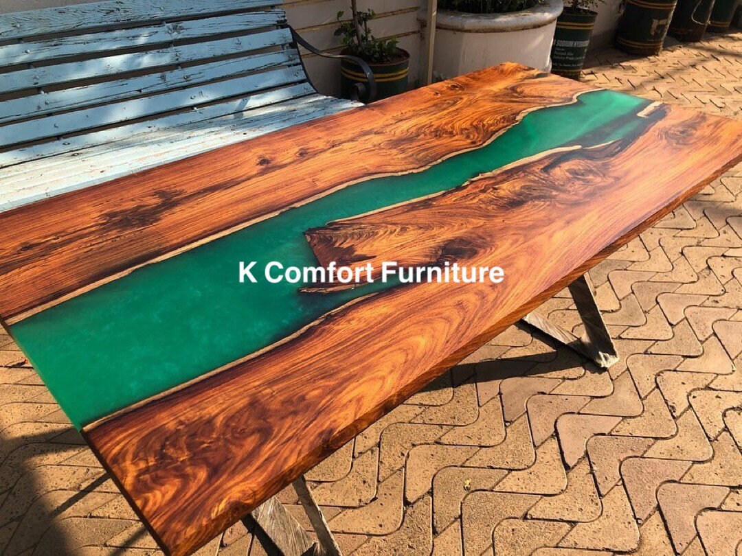 Green Teal Epoxy Table, Live Edge Table , Epoxy Ocean River , Natural ...
