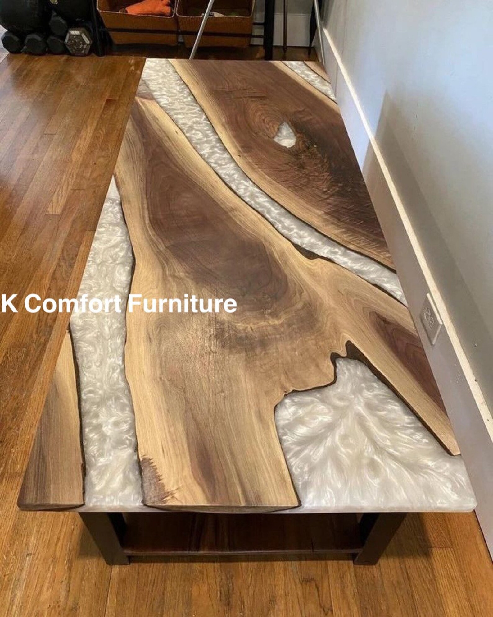 White Luxury Epoxy Centre Table, Live Edge Wooden Table, Epoxy River ...