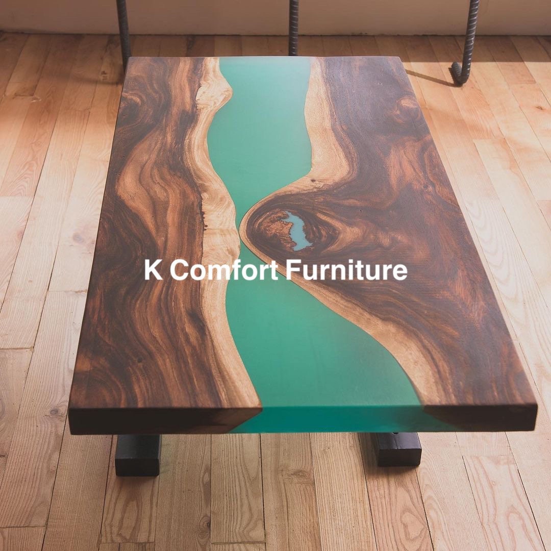 Teal Epoxy Table, Live Edge ,wooden Table, Epoxy Ocean River , Natural ...