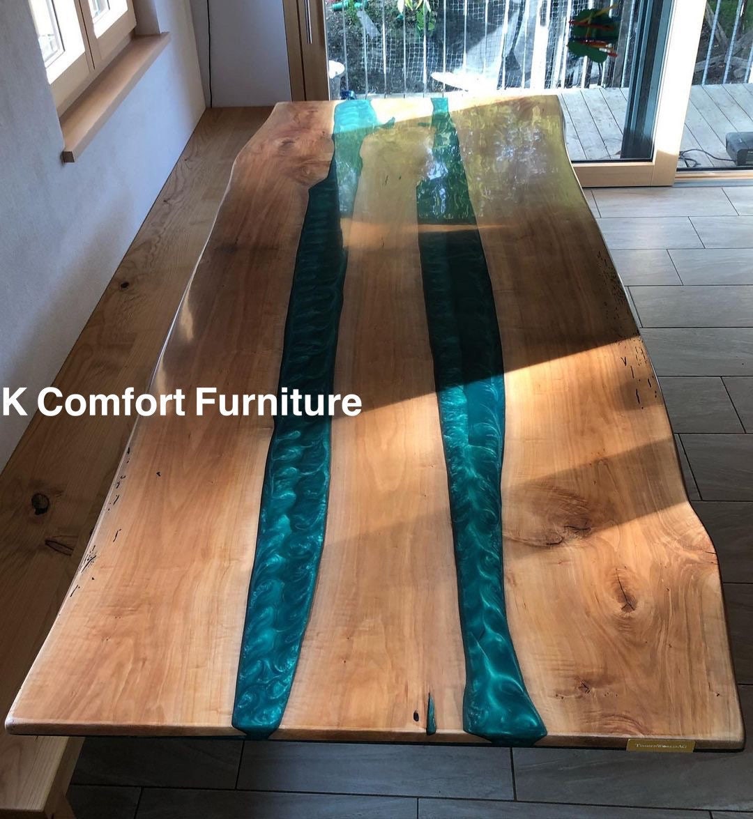 Teal Swirl Epoxy Table, Live Edge ,wooden Table, Epoxy Ocean River ...