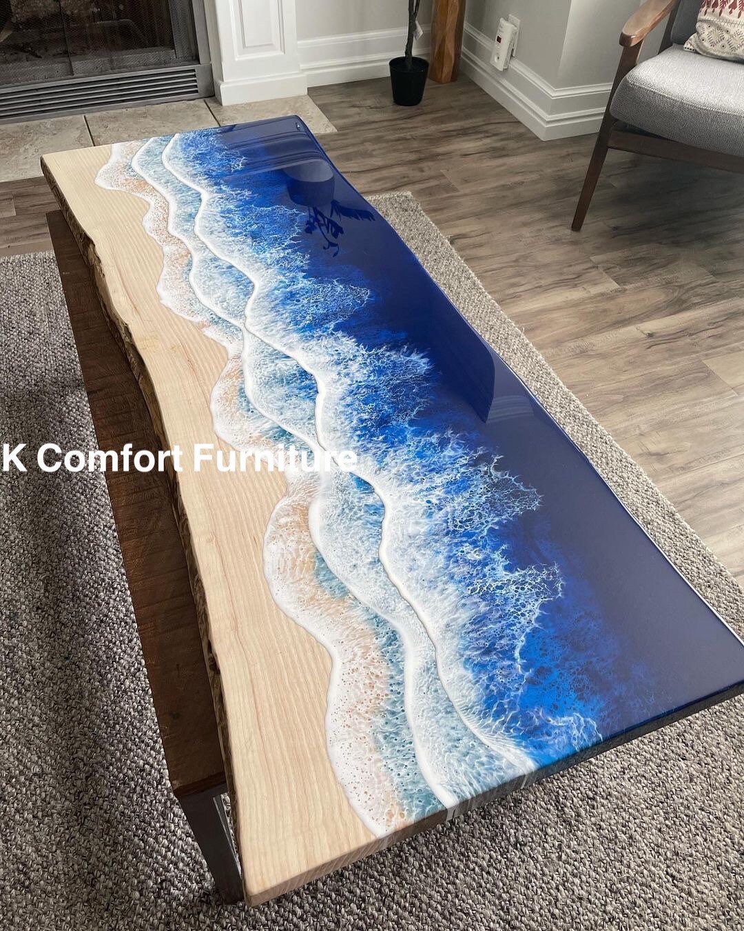 Sea Waves Epoxy Table, Live Edge Table, Epoxy Ocean Table, Natural Wood ...