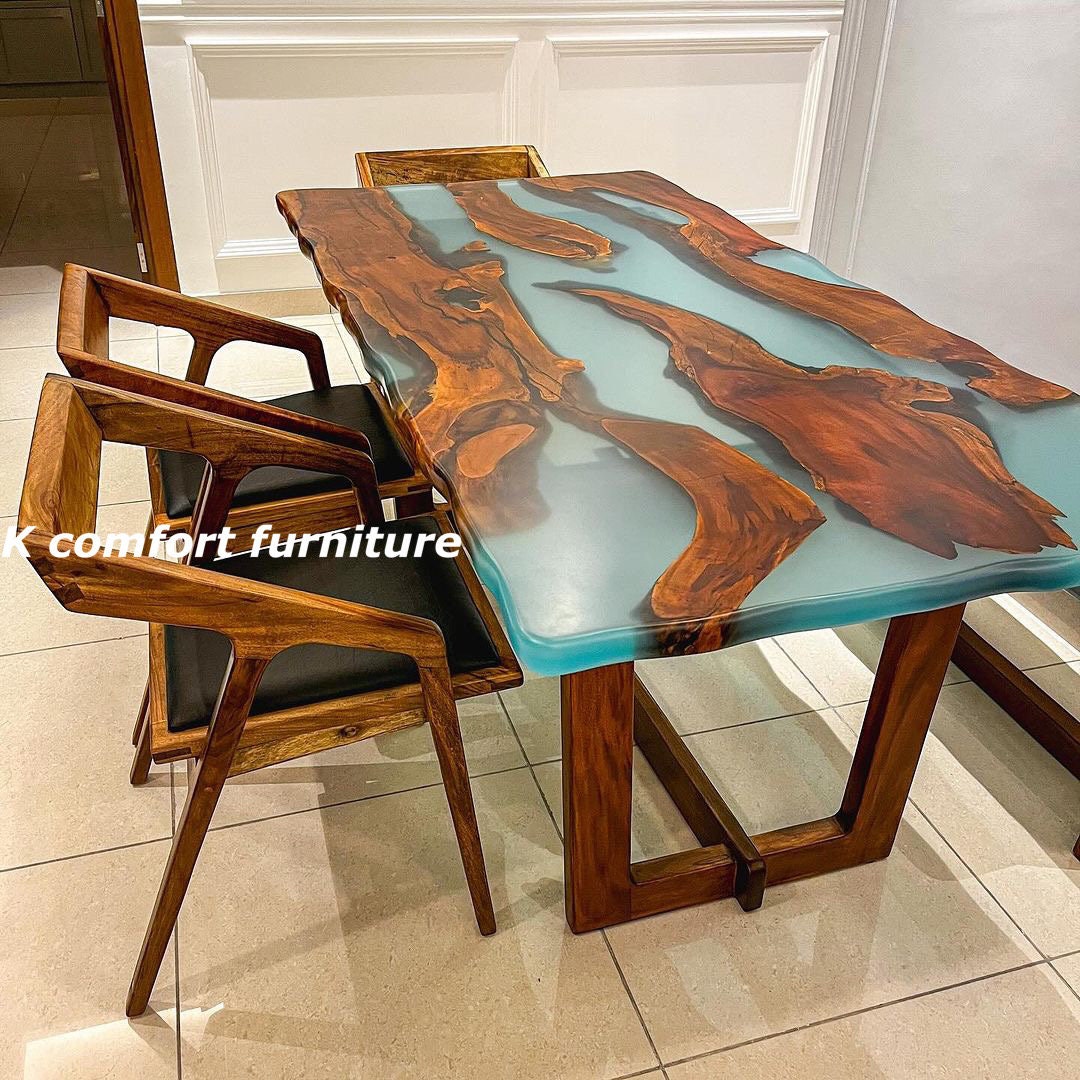Blue Epoxy Table , Live Edge Wooden Table, Epoxy Ocean River , Natural ...