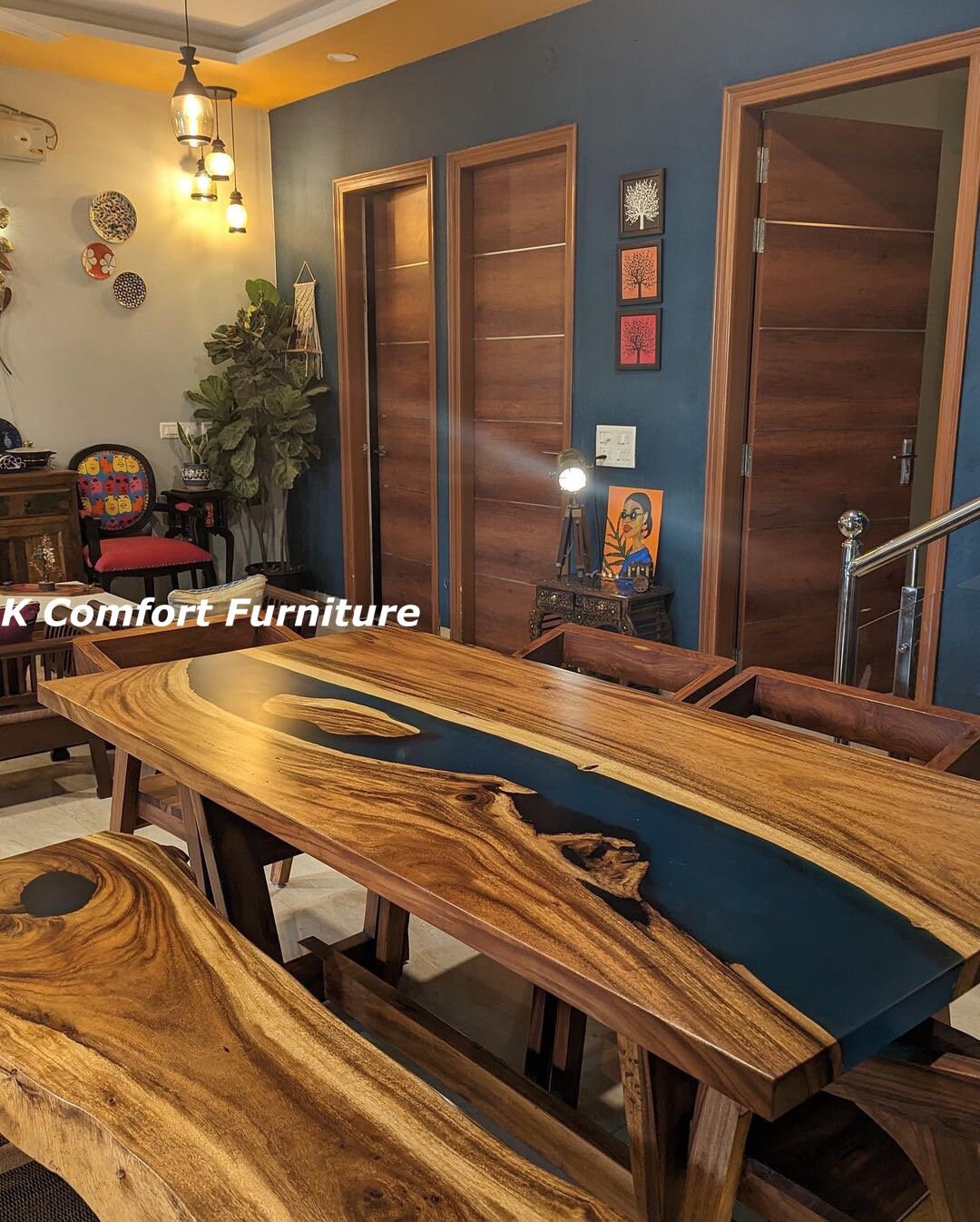 Blue Epoxy Wooden Table, Live Edge Wooden Table, Epoxy Ocean River ...