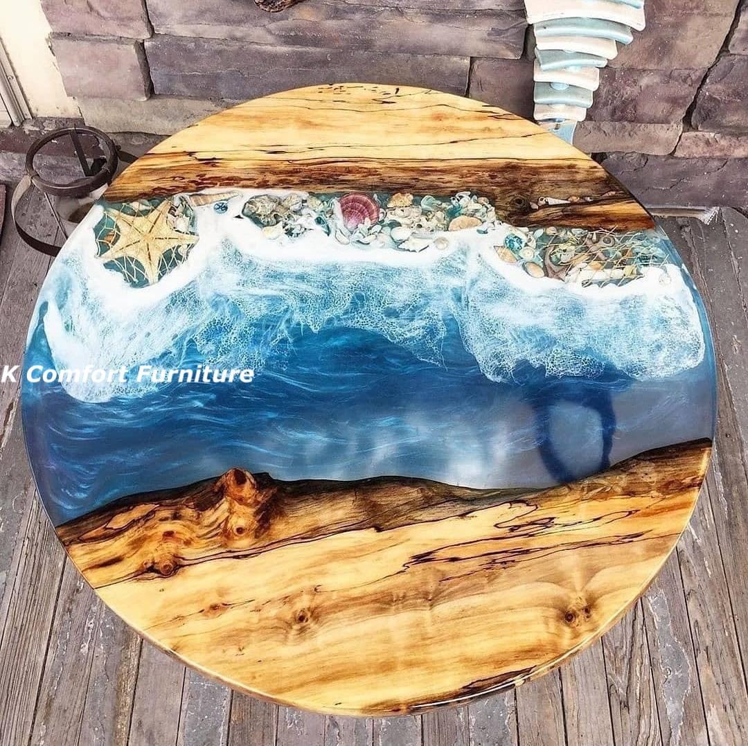 Ocean Blue Round Epoxy Table/ Live Edge Wooden Table/ Sea Epoxy Table ...