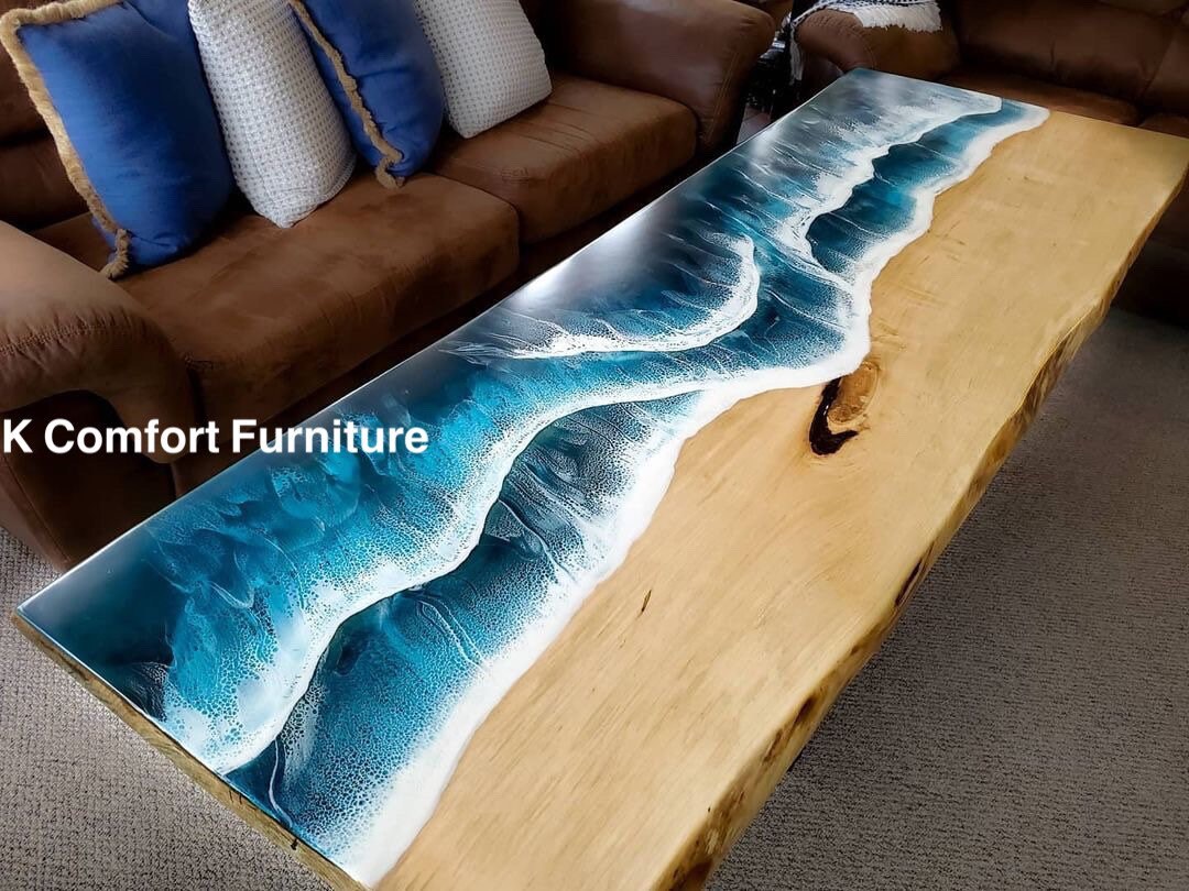 Sea Waves Epoxy Table, Live Edge Table, Epoxy Ocean Table, Natural Wood ...